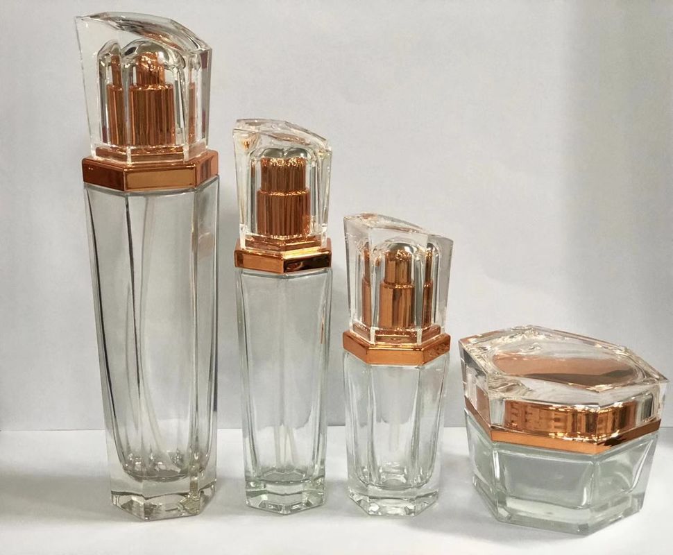 Luxury Transparent Cream Bottles Cosmetic Packaging Skin Care / Glass Cosmetic Bottle Six Sides